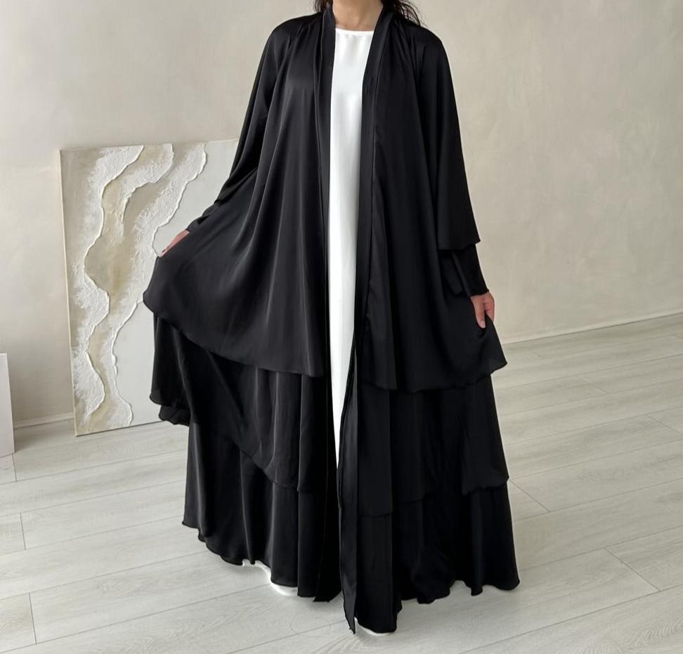 Satin Layered abaya in Onyx – ByHasanat